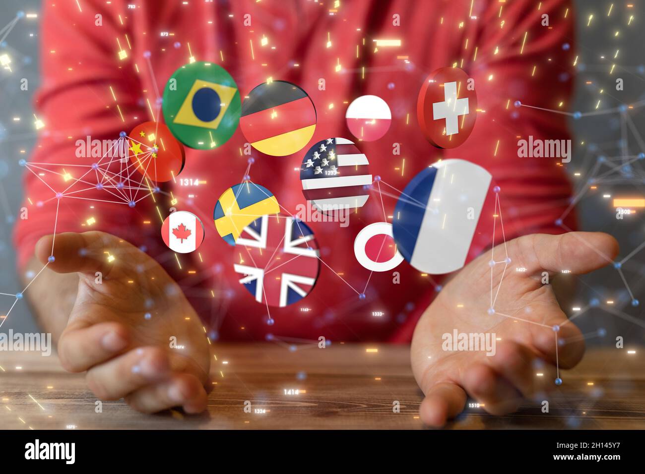 Illustration of international counties flags in hands of a human Stock ...