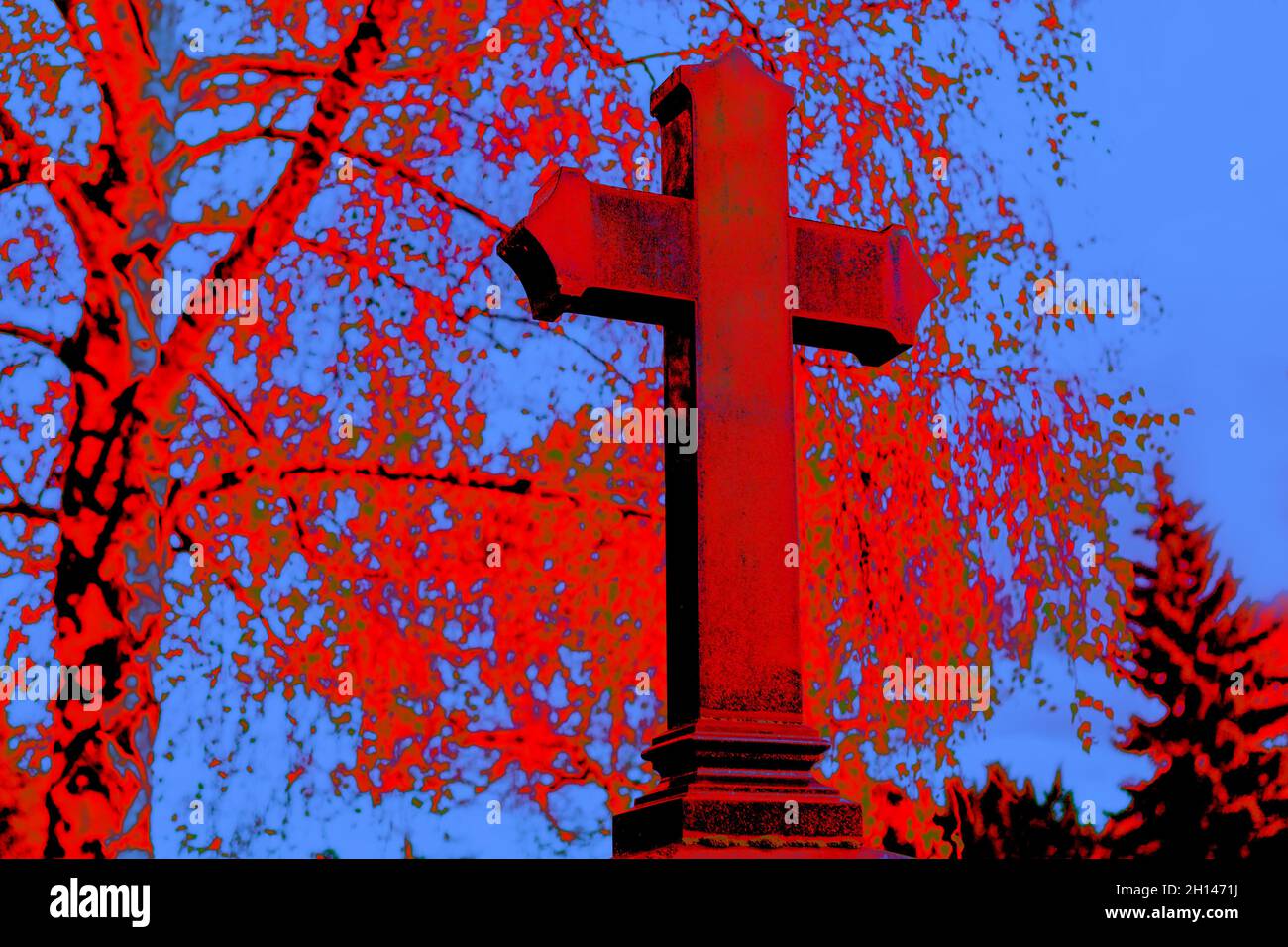 Bloody cross in gothic style . Halloween cross and branches in red ...