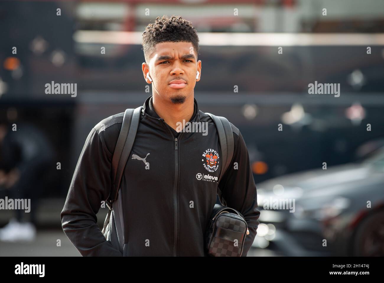 Tyreece John-Jules #28 of Blackpool arrives at the City Ground, home of ...