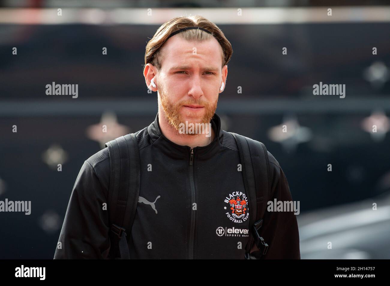 Josh Bowler #11 of Blackpool arrives at the City Ground, home of ...