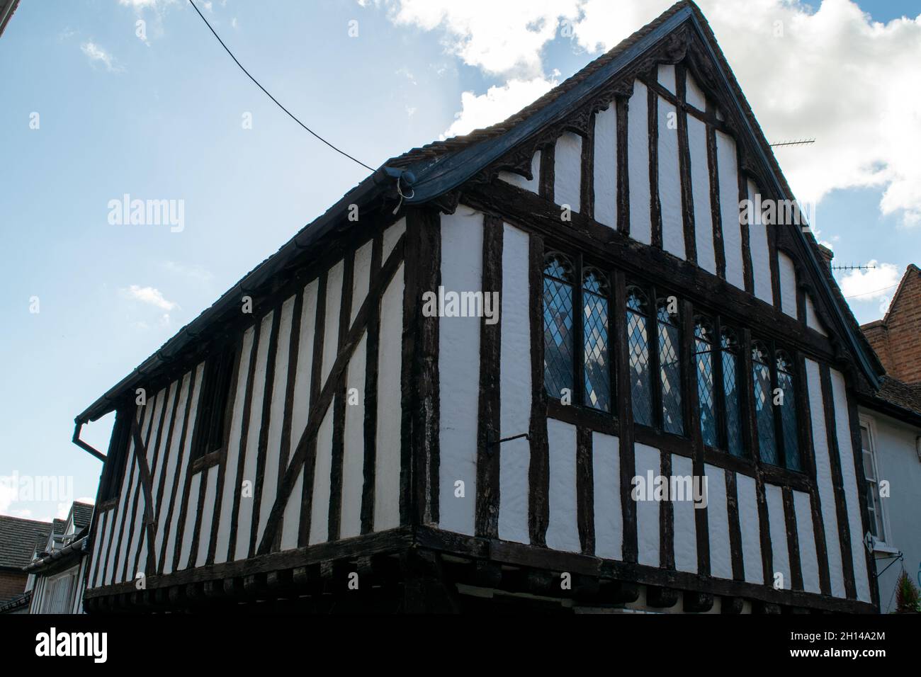 Top of Tudor style timber framed cottage at Saffron Walden, England ...