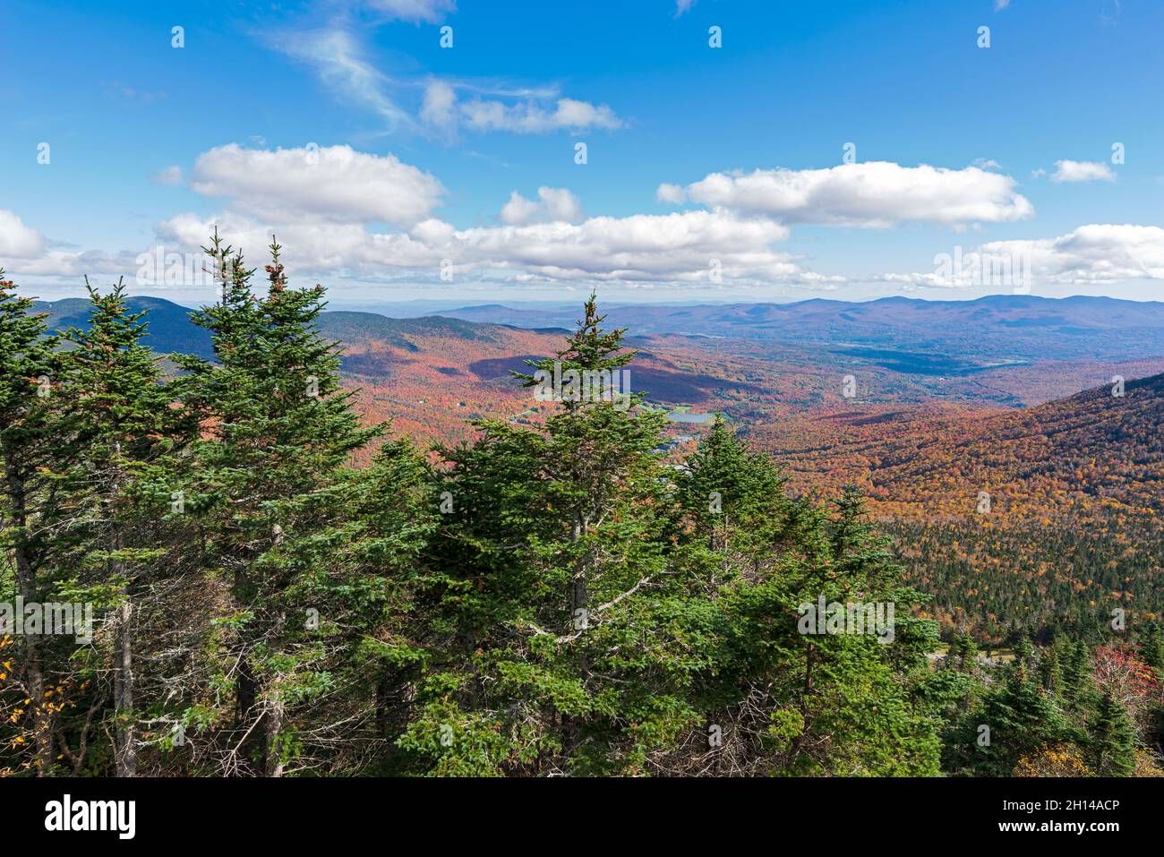 aerial of wooded valley and mountains during colorful autumn season at ...