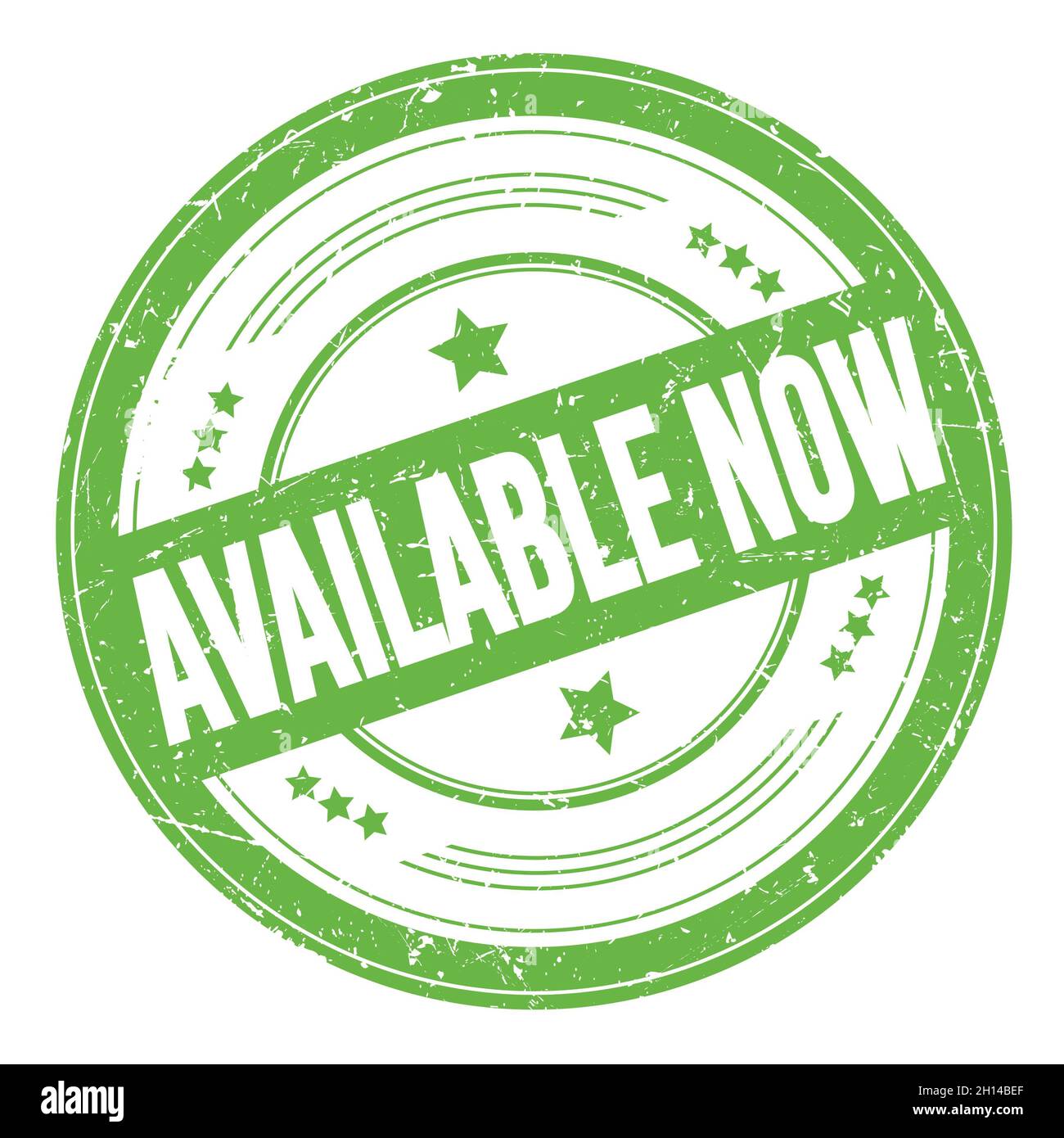 AVAILABLE NOW text on green round grungy texture stamp Stock Photo - Alamy