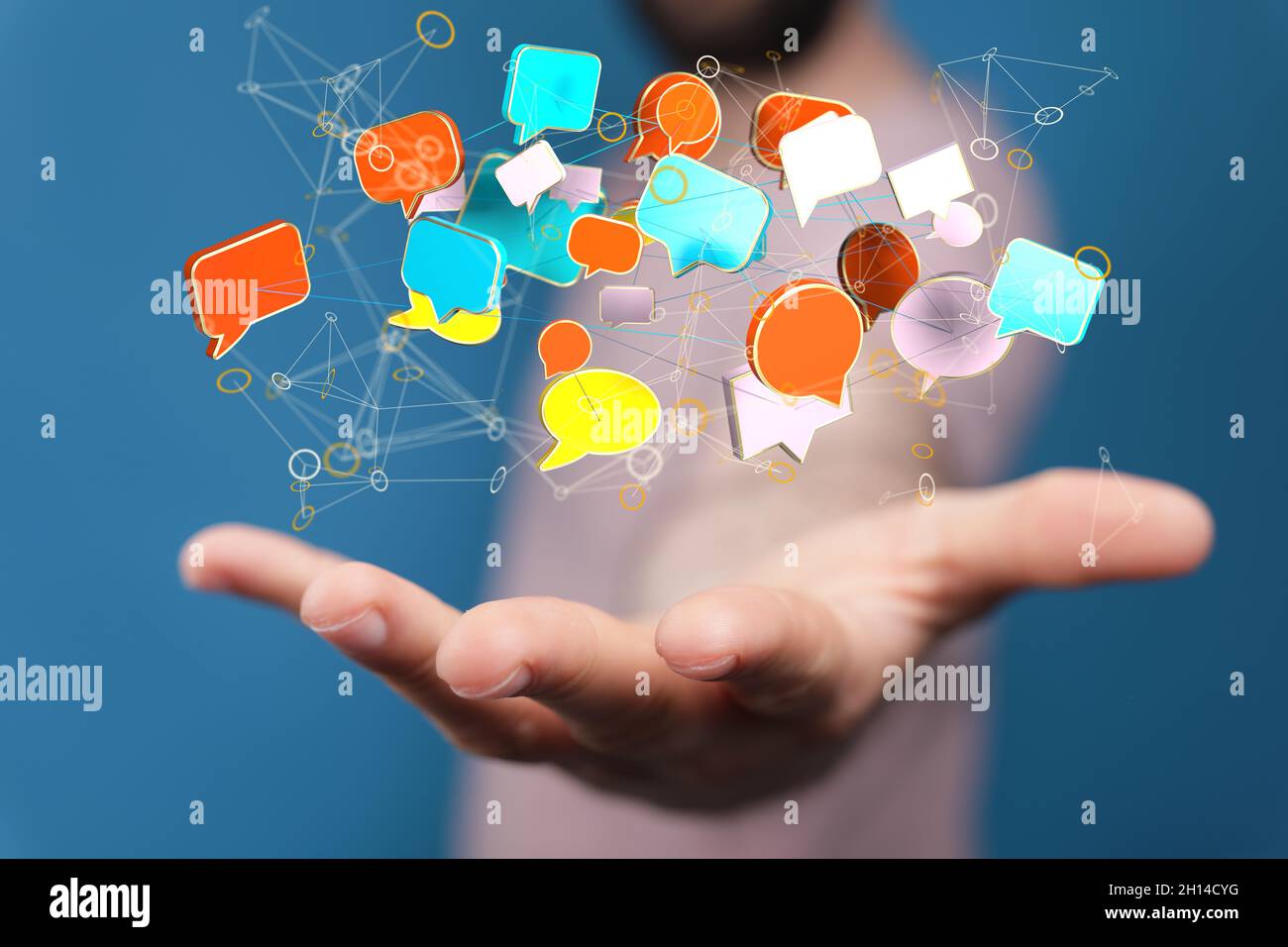 3D render of an email symbol and Network Communications with a blurry ...