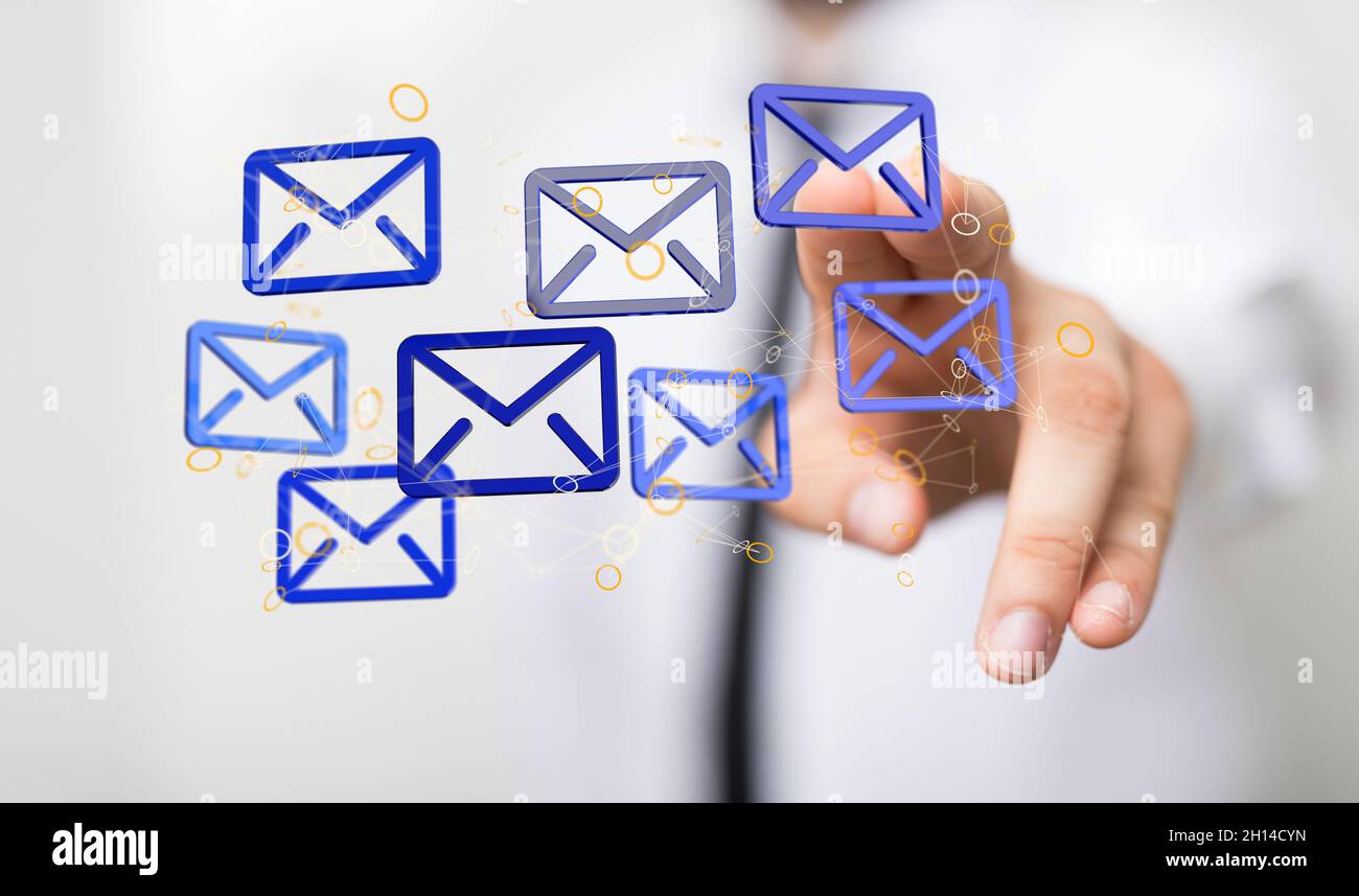 3D render of an email symbol and Network Communications with a blurry ...