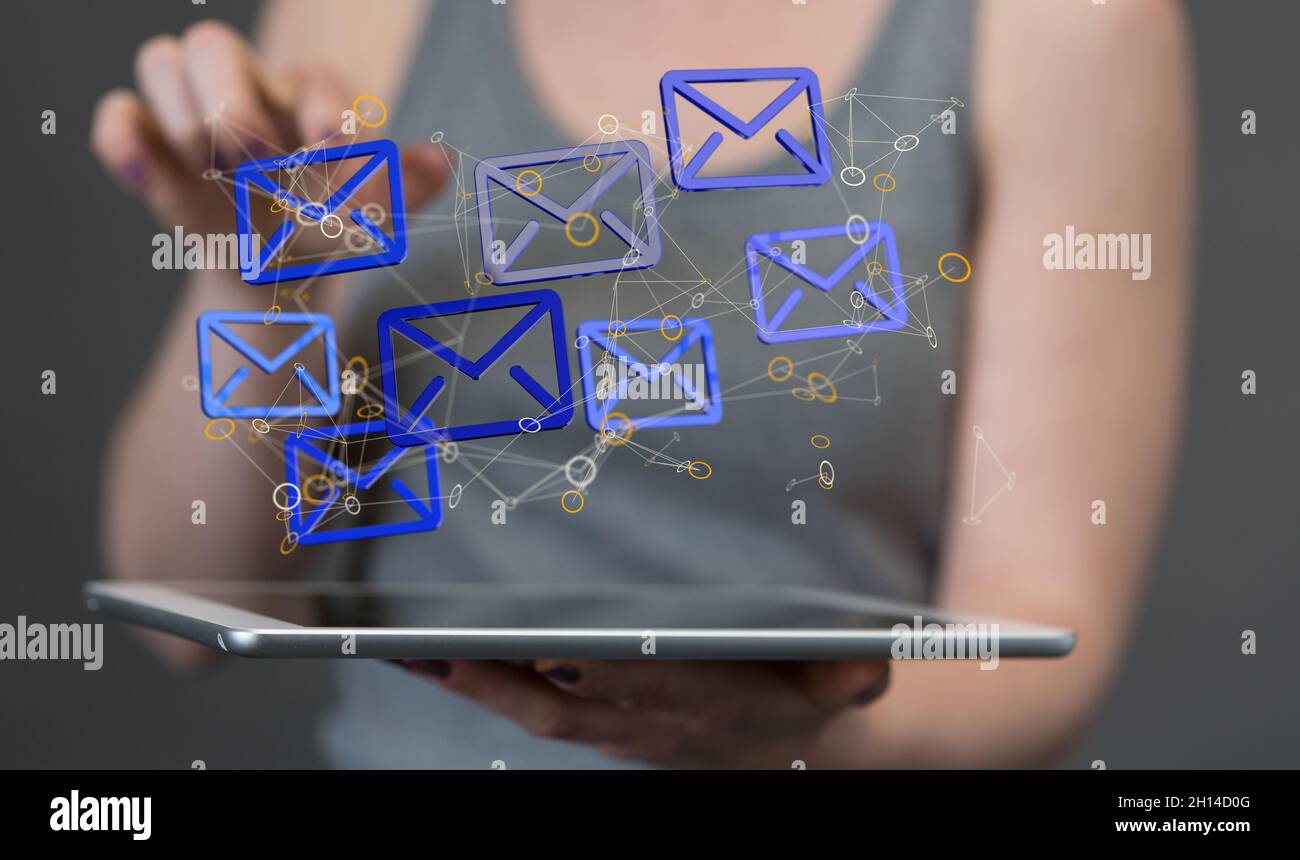3D render of an email symbol and Network Communications with a blurry ...