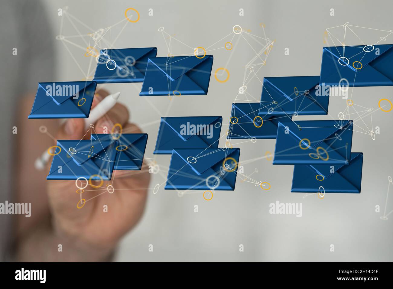 3D render of an email symbol and Network Communications with a blurry ...