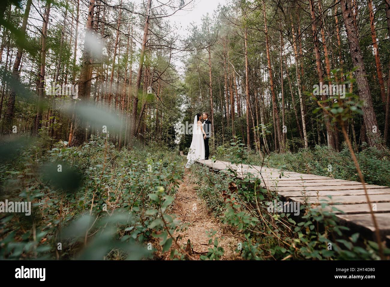 Low angle shot of a Caucasian (white) bride and groom posing together ...