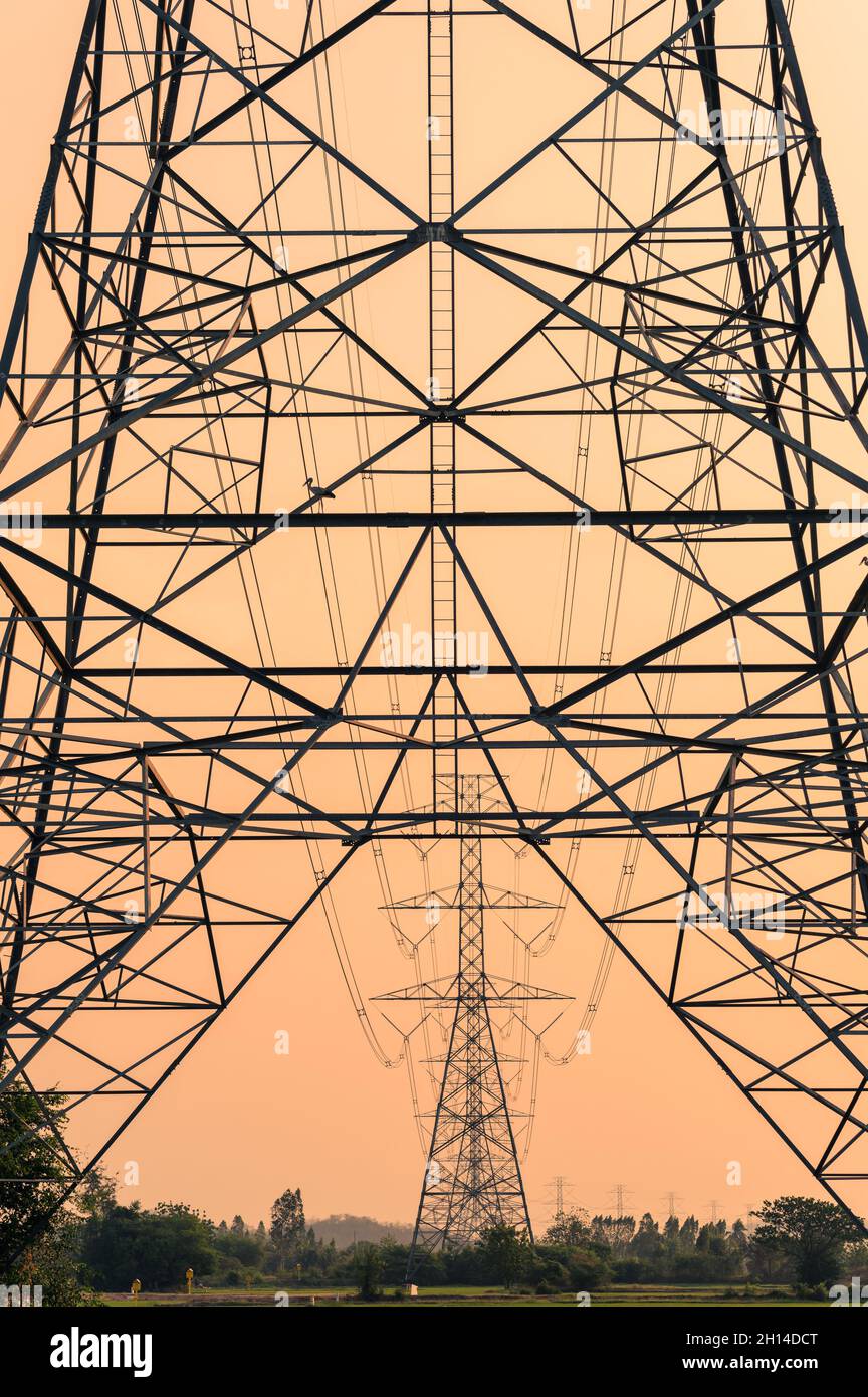 Structure of High voltage pole, Transmission tower with colorful sky at ...