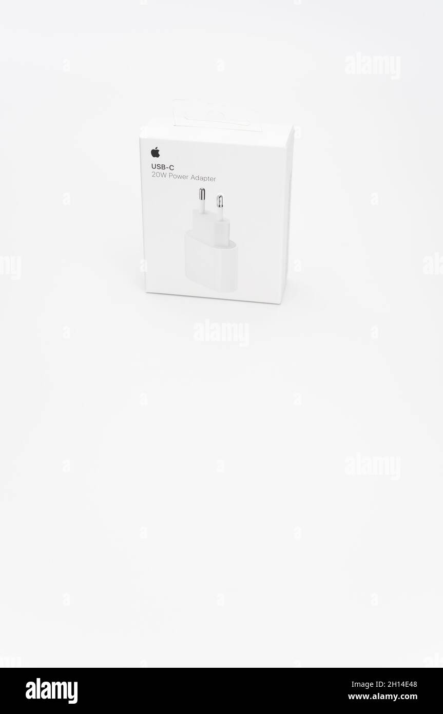 Apple brand USB-C power adapter box on a white background with space ...