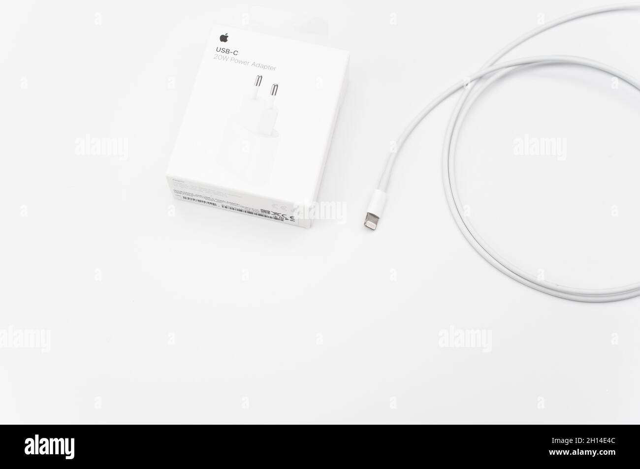 Apple brand USB-C power adapter box on a white background with space ...
