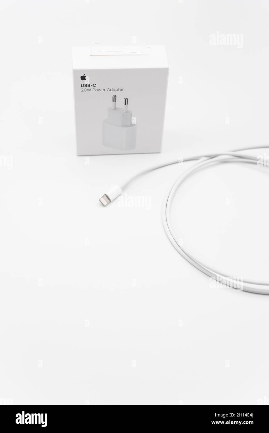 Apple brand USB-C power adapter box on a white background with space ...