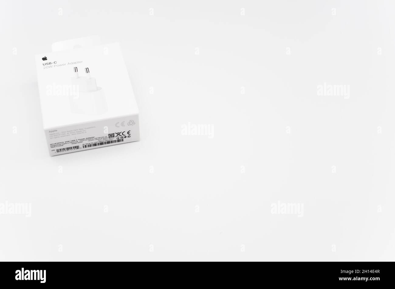 Apple brand USB-C power adapter box on a white background with space ...