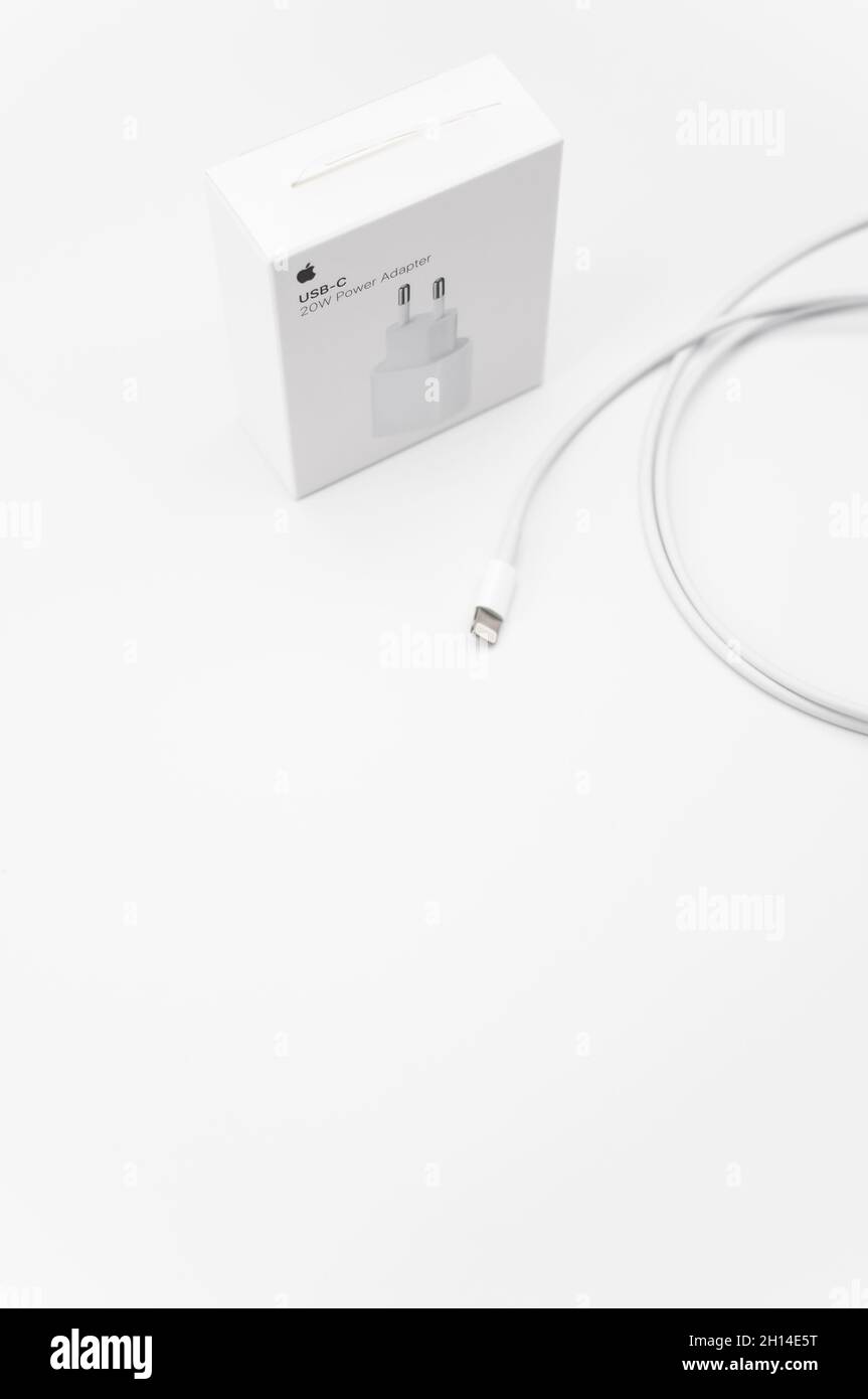 Apple brand USB-C power adapter box on a white background with space ...