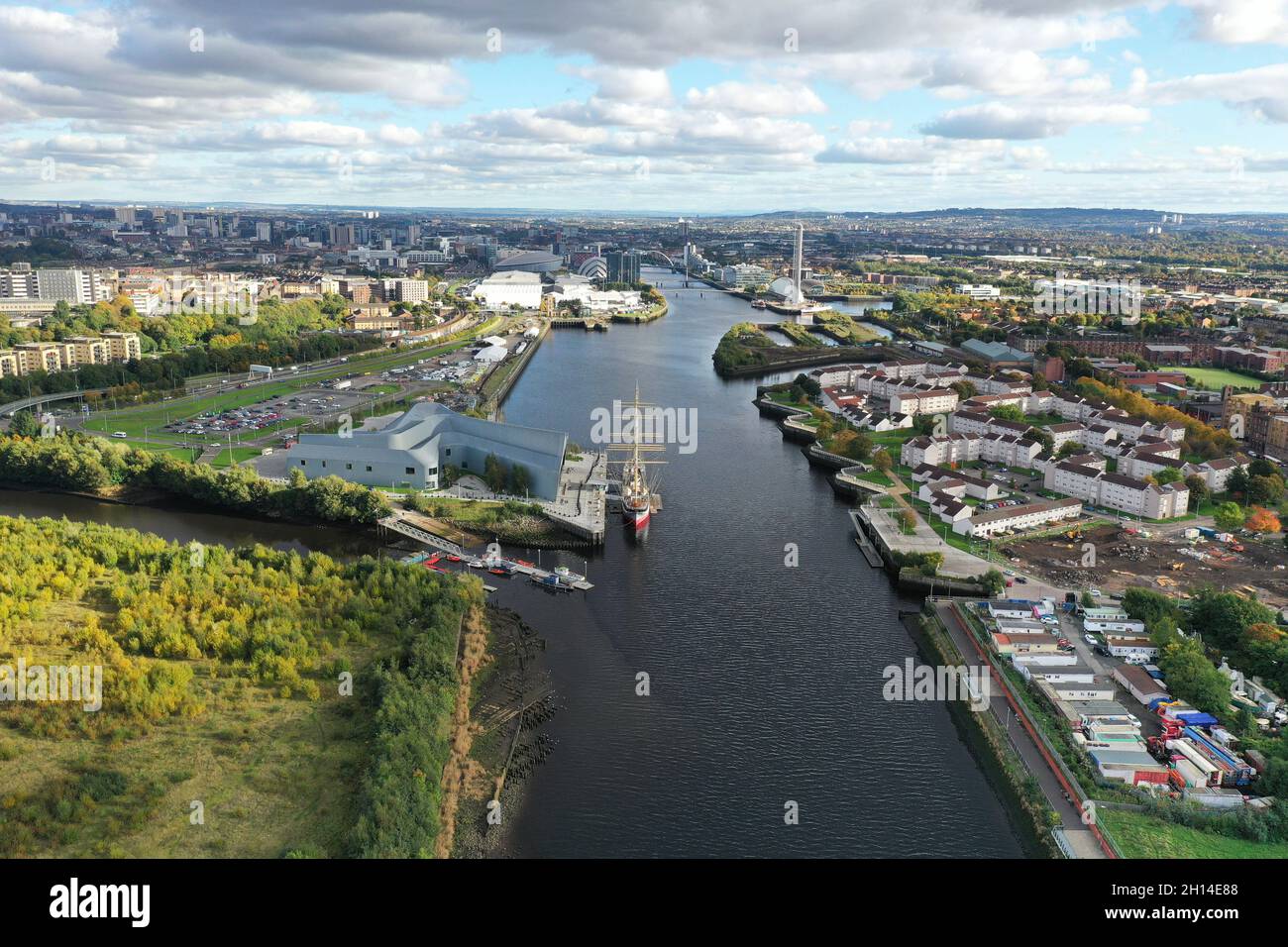 Aerial drone view of River Clyde in Glasgow looking east towards ...