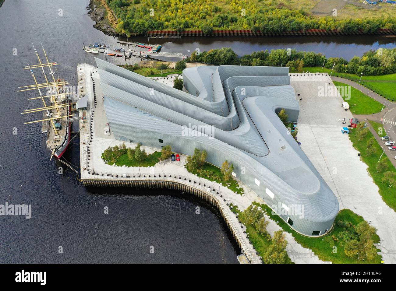 Aerial drone view of Glasgow Riverside Museum of Transport Stock Photo ...