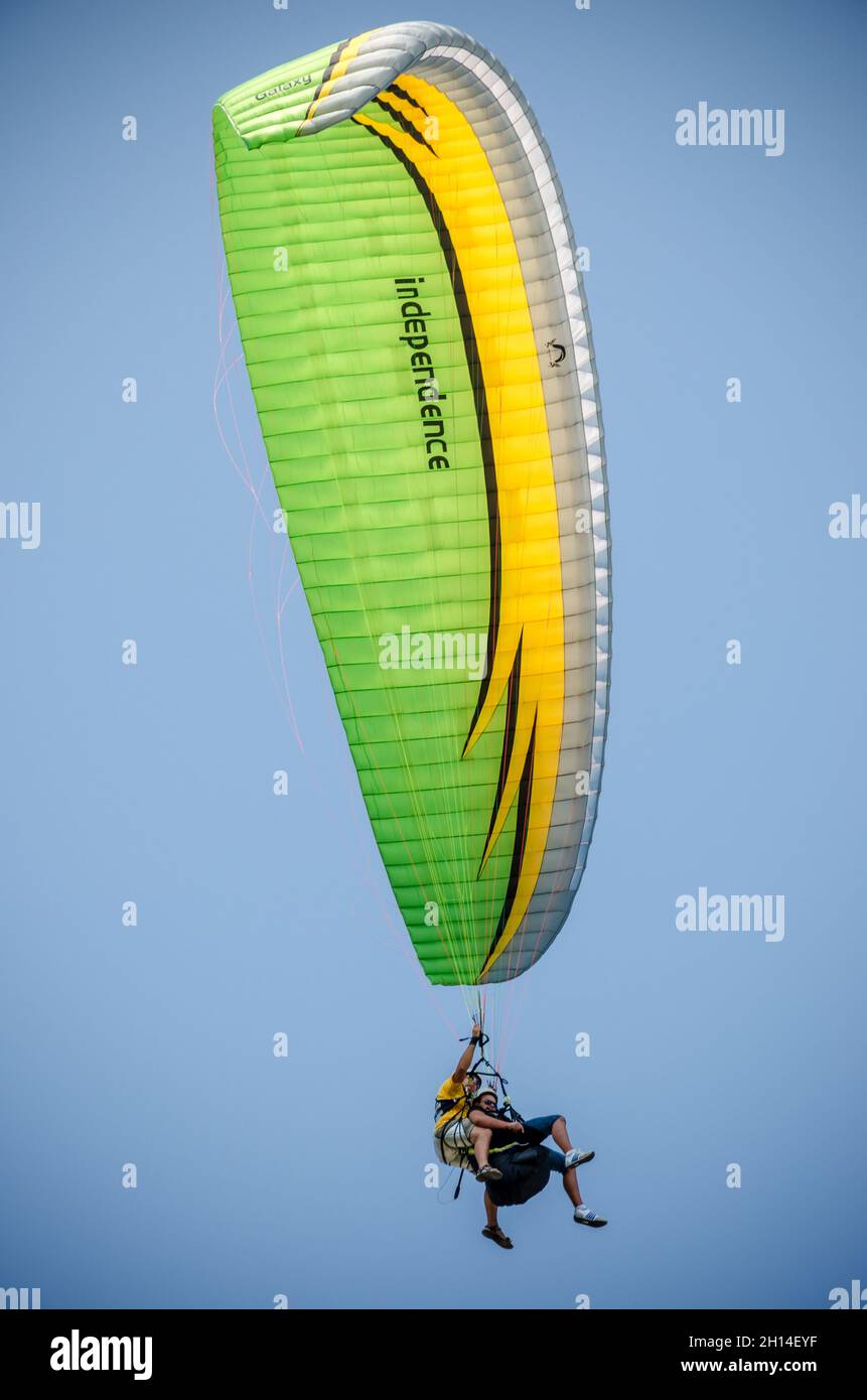 Tandem green and yellow-colored parachute against clear blue sky Stock ...