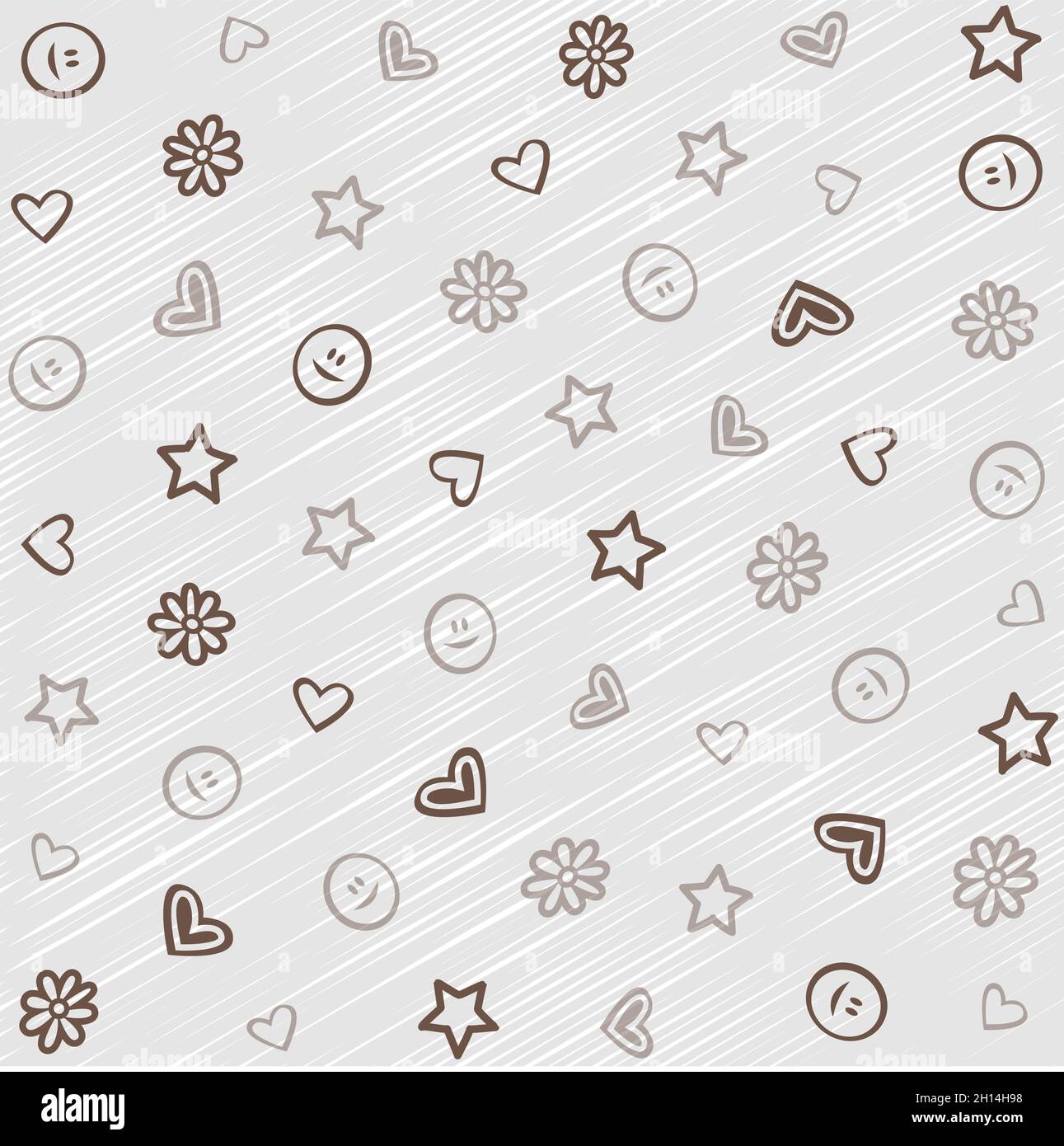 Patterns with flowers, hearts, smileys and stars on gray background ...