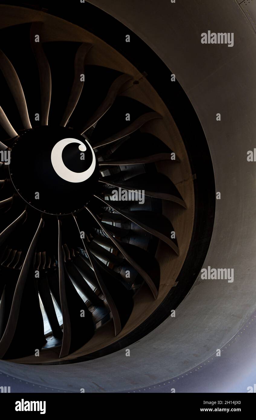 Plane background. Airplane turbine blades close-up. Airplane engine ...