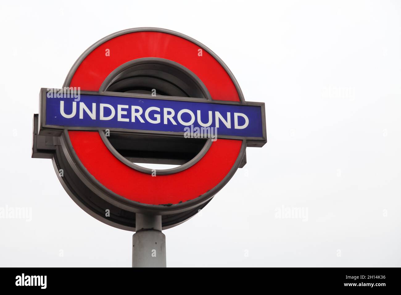 London Underground Station Roundel against clear sky, London England ...