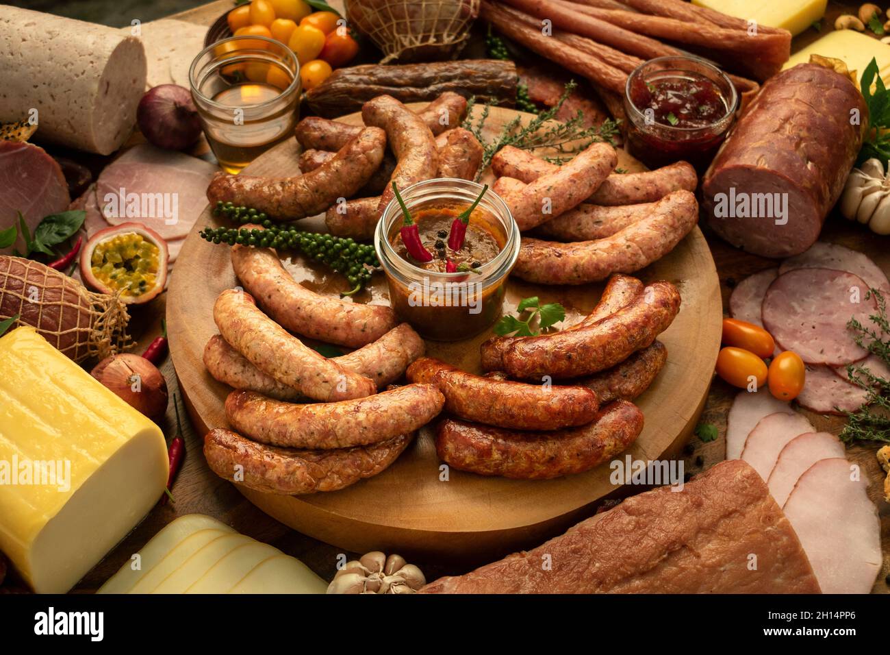 buffet table of traditional european with gourmet cold cuts sausage and ...
