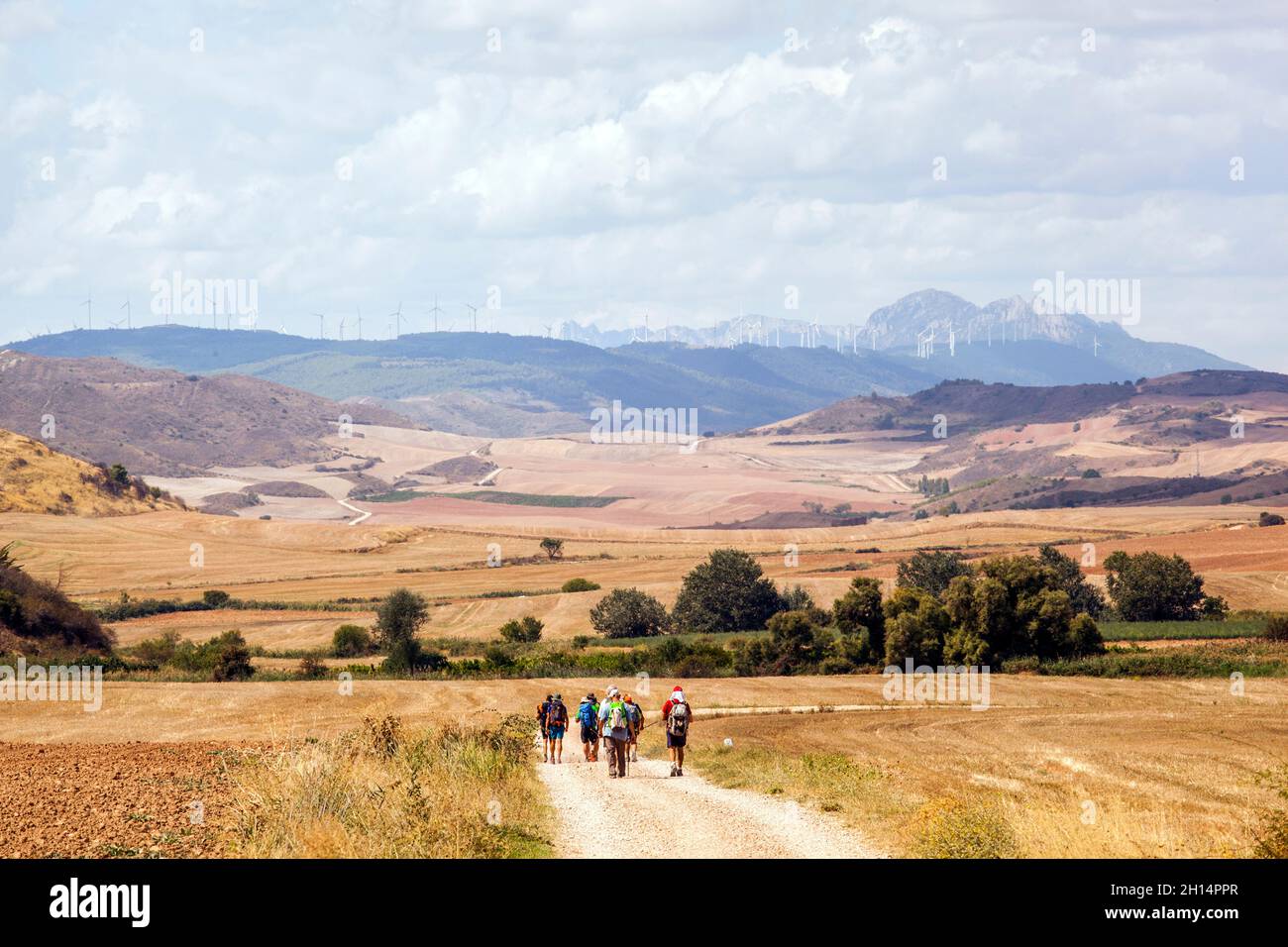 Group of Pilgrims walking through the Spanish countryside between ...