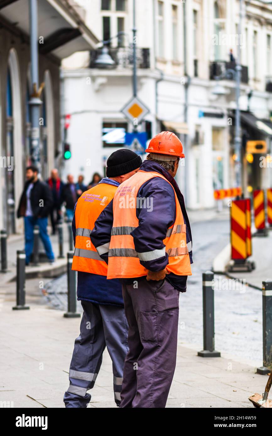 Construction workers going to work in Bucharest, Romania, 2021 Stock ...