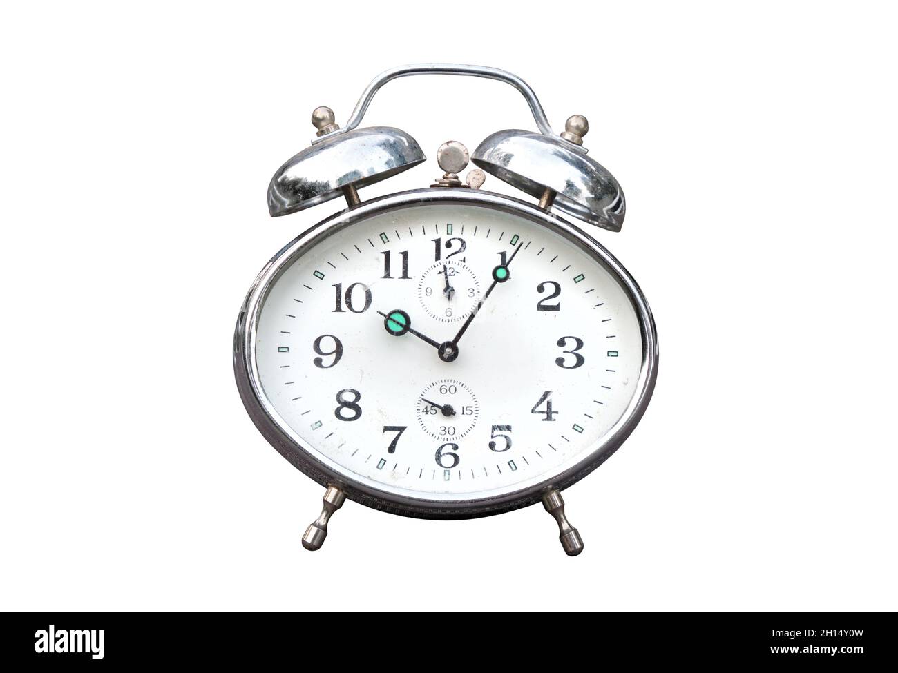 Old vintage alarm clock isolated on white background, front view ...