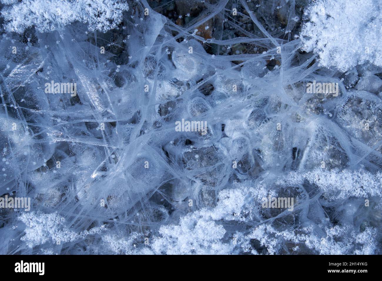 Texture of hoarfrost crystals over river ice. Natural winter snow ...
