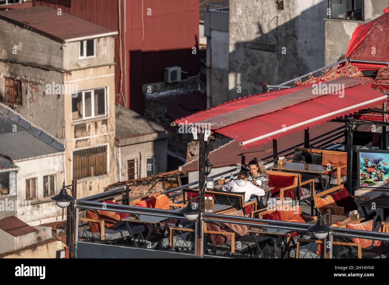 ISTANBUL, TURKEY - OCTOBER 12, 2021: Table setting on roof top ...