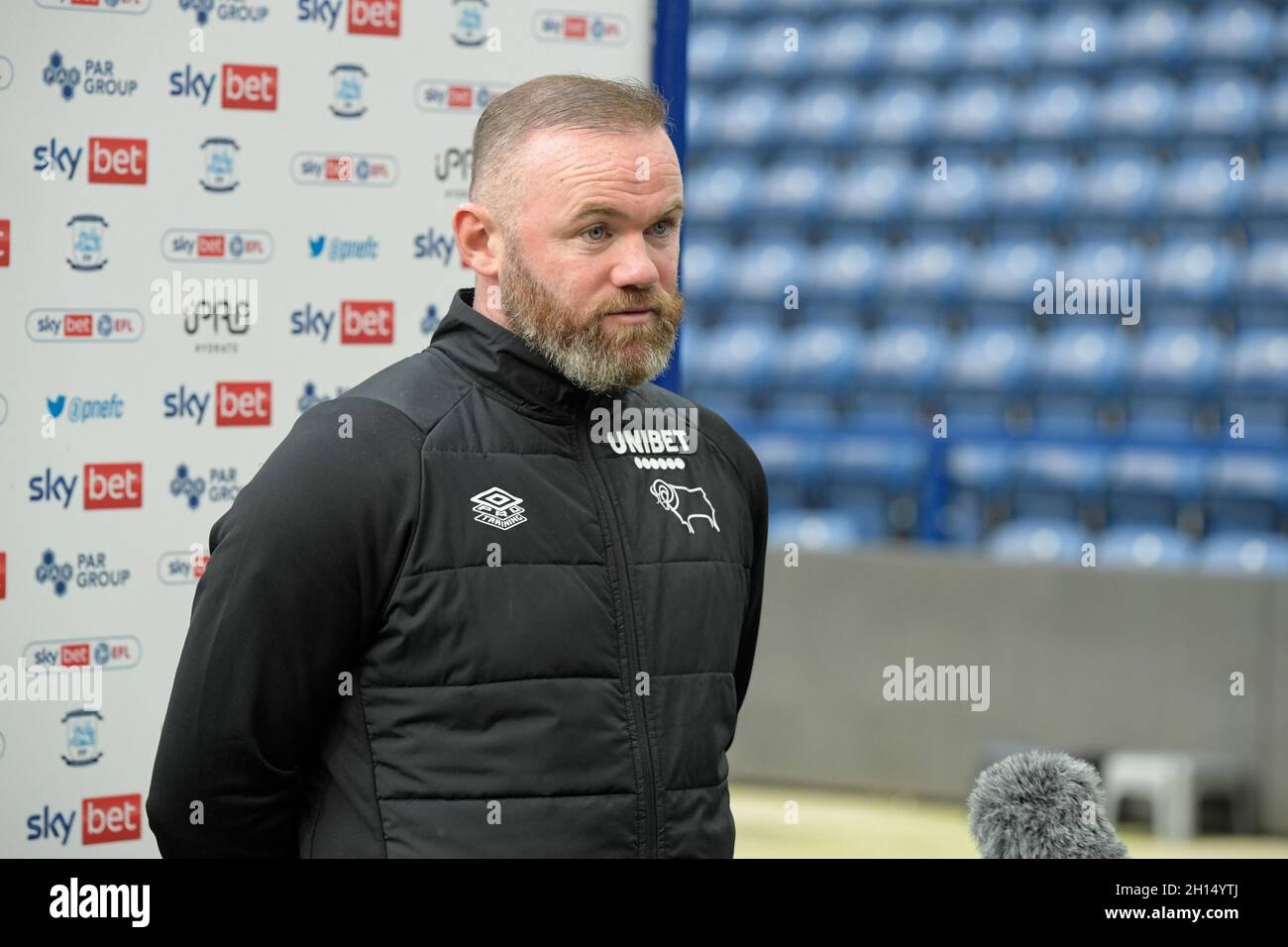 Wayne Rooney manager of Derby County speaks to the media after the game ...