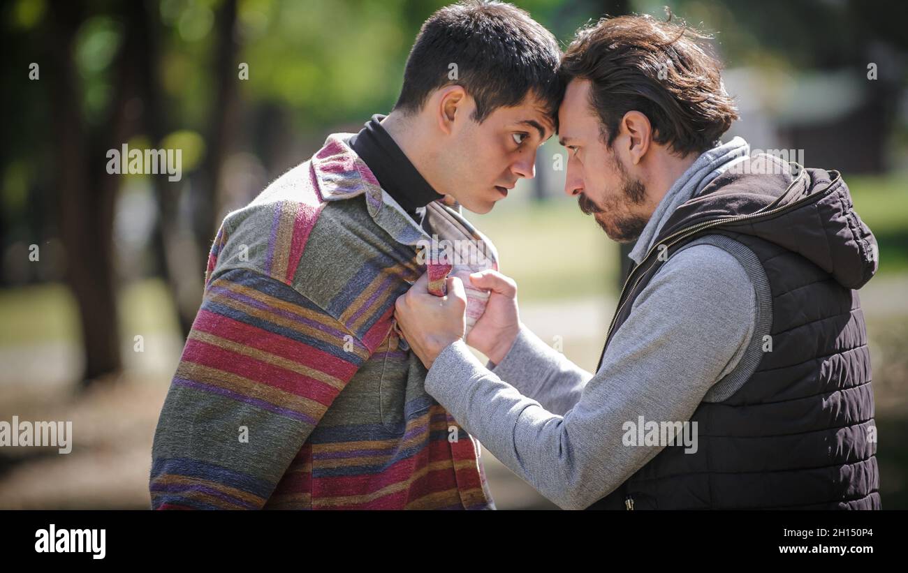 Two very angry, nervous and upset men in an aggressive and fierce ...