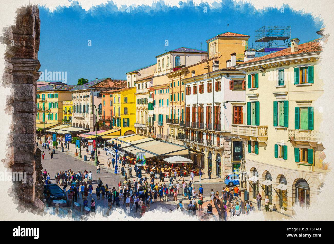 Watercolor drawing of Verona Row of old colorful multicolored buildings ...