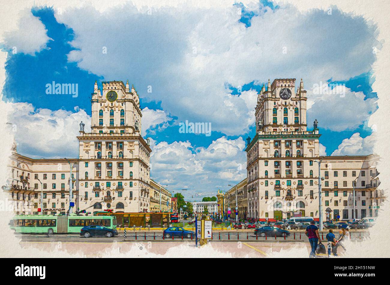 Watercolor drawing of Minsk: The Gates of Minsk two tall towers ...