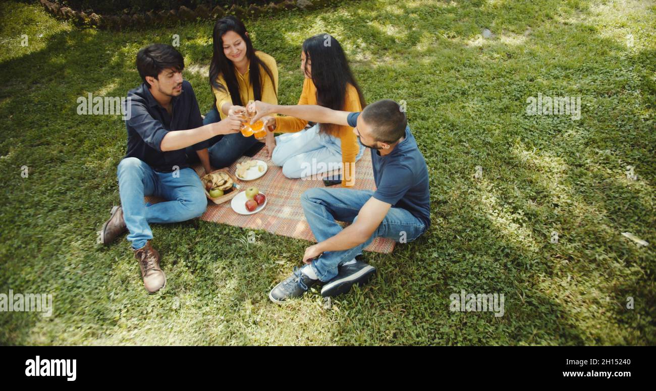 Shot of four young South Asian friends in India tasting with juice at a ...
