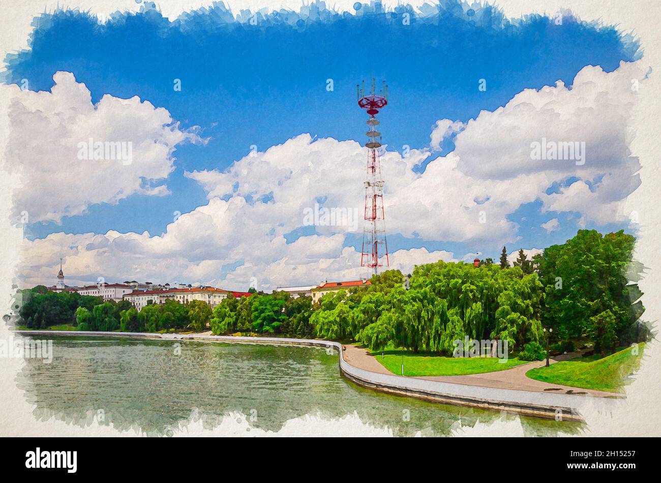 Watercolor drawing of Minsk cityscape with Svislach or Svislac river ...