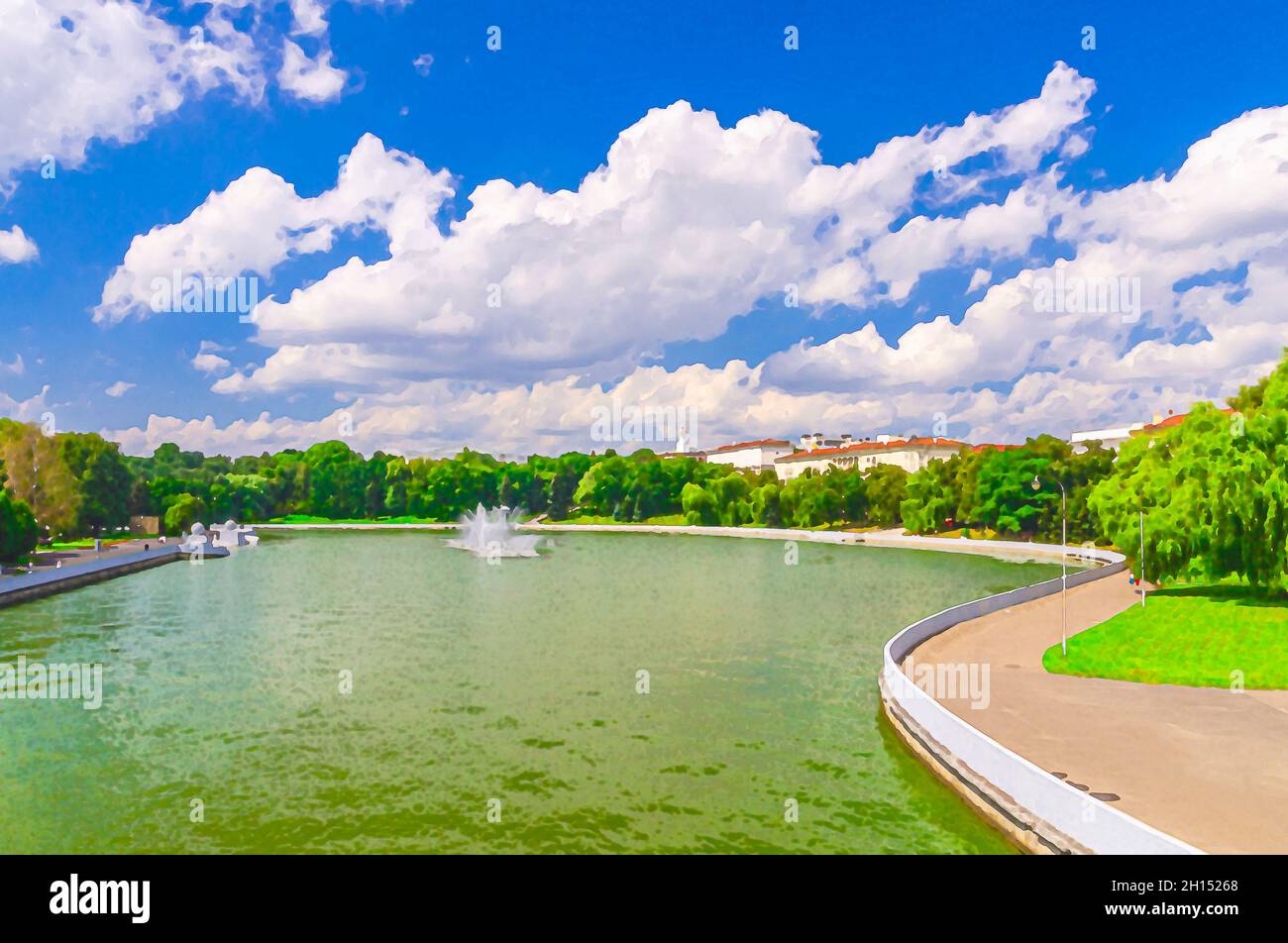 Watercolor drawing of Minsk cityscape with Svislach or Svislac river ...
