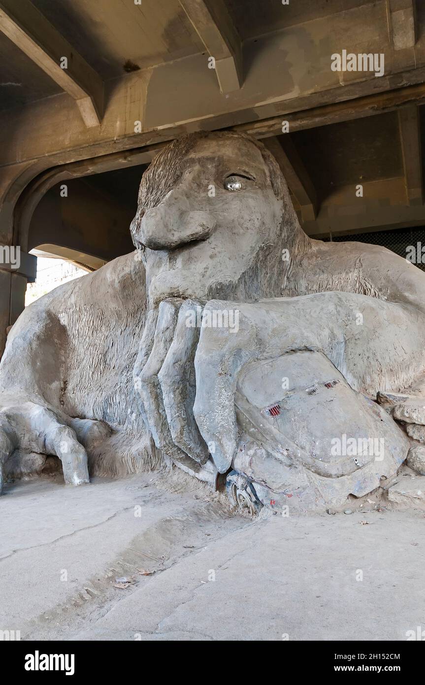 The Fremont Troll sculpture under the Aurora Bridge in Fremont ...