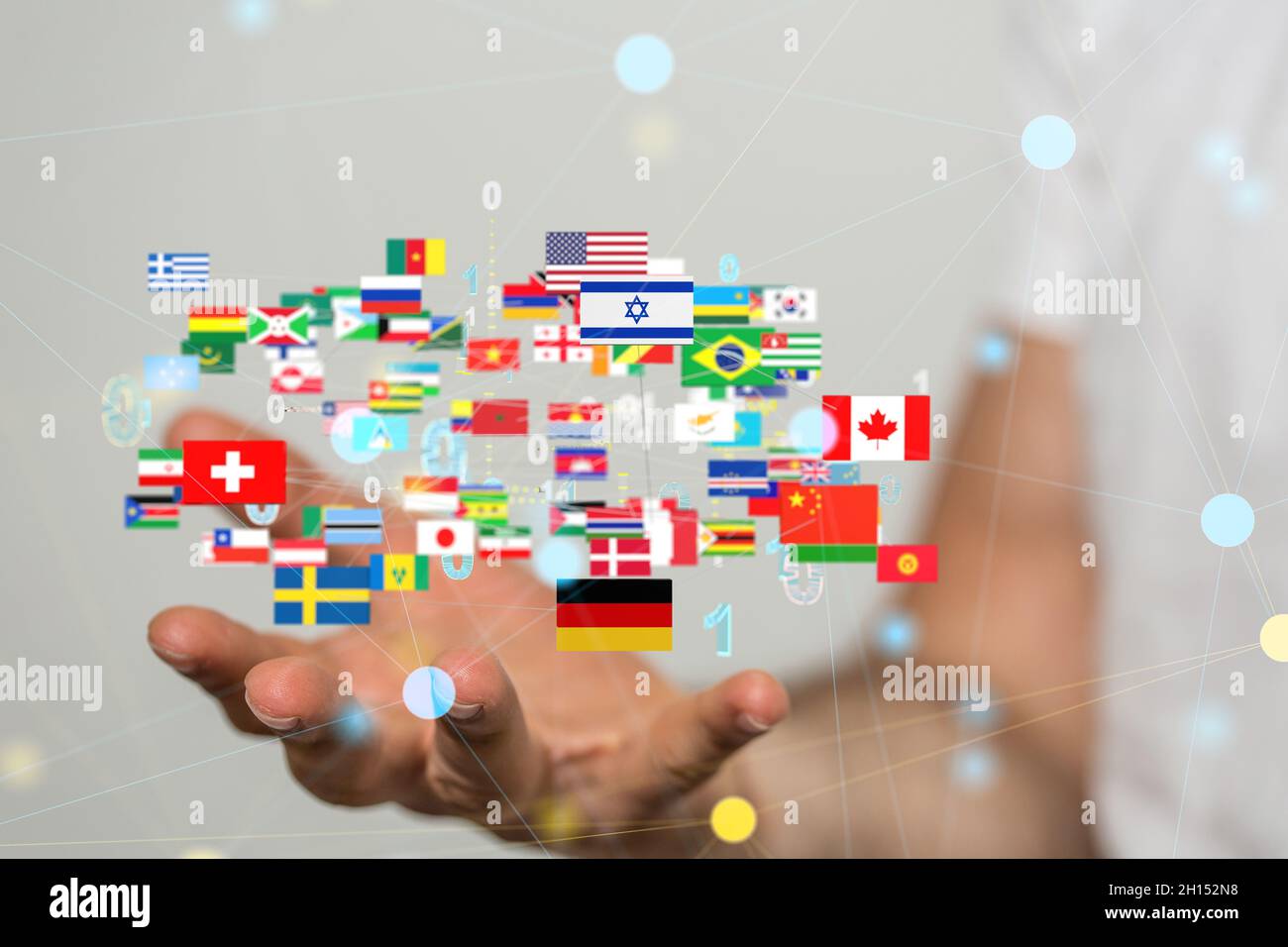 Human hand showing digital concept of Global communication and ...
