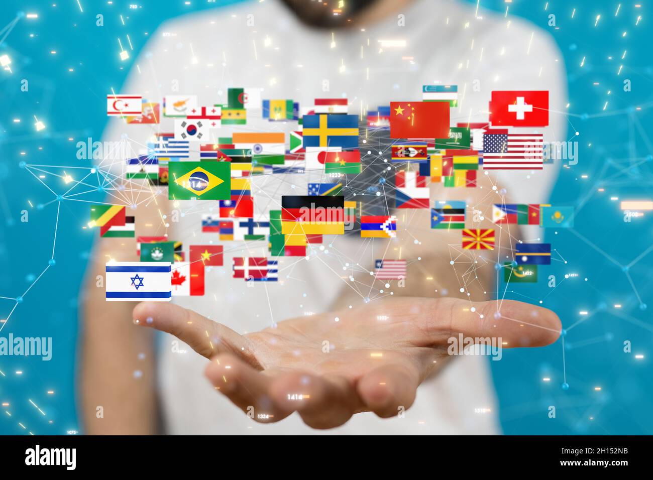 Human hand showing the digital concept of Global communication and international messaging Stock ...