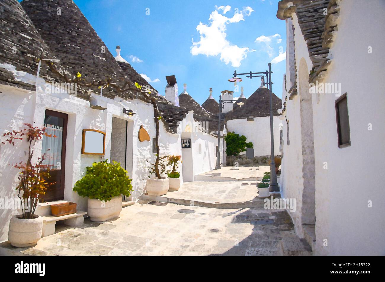 Watercolor drawing of Alberobello town, village with traditional white ...