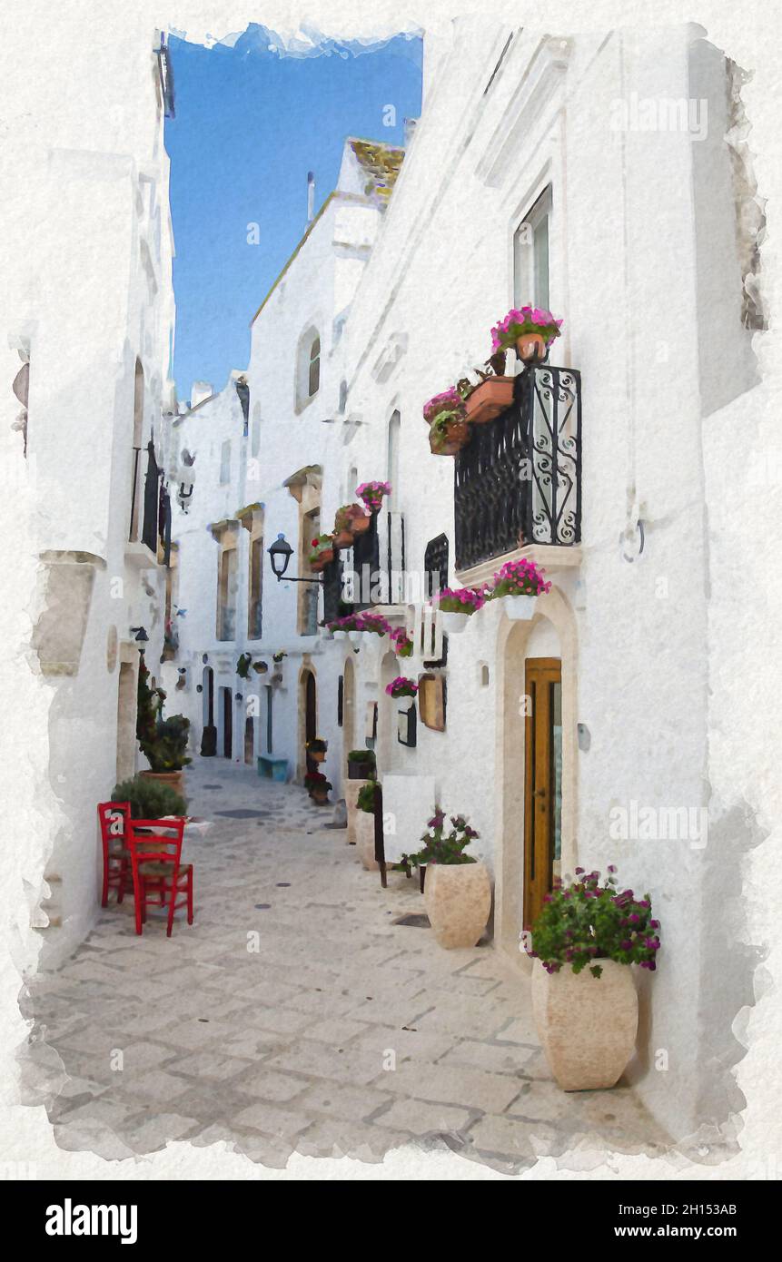 Watercolor drawing of Locorotondo narrow streets with white walls ...