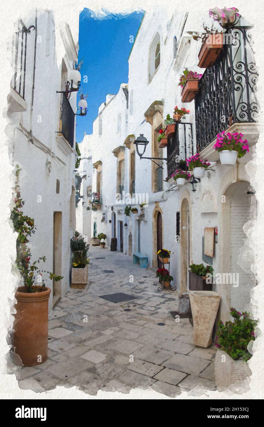 Watercolor drawing of Locorotondo narrow streets with white walls ...