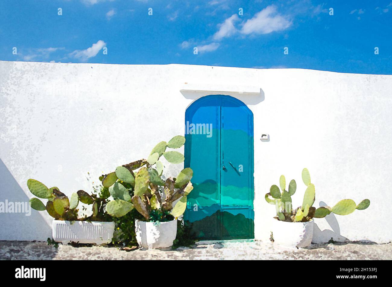Watercolor drawing of blue door with cactus and white wall in Ostuni ...