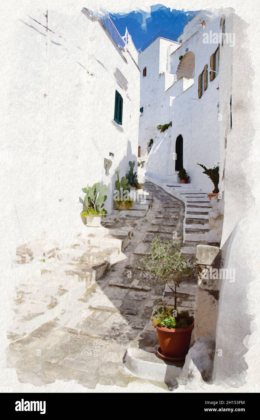 Watercolor drawing of Ostuni narrow streets with white walls buildings ...
