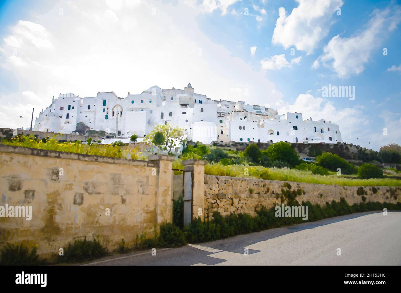 Watercolor drawing of Panoramic view of Ostuni town with white ...