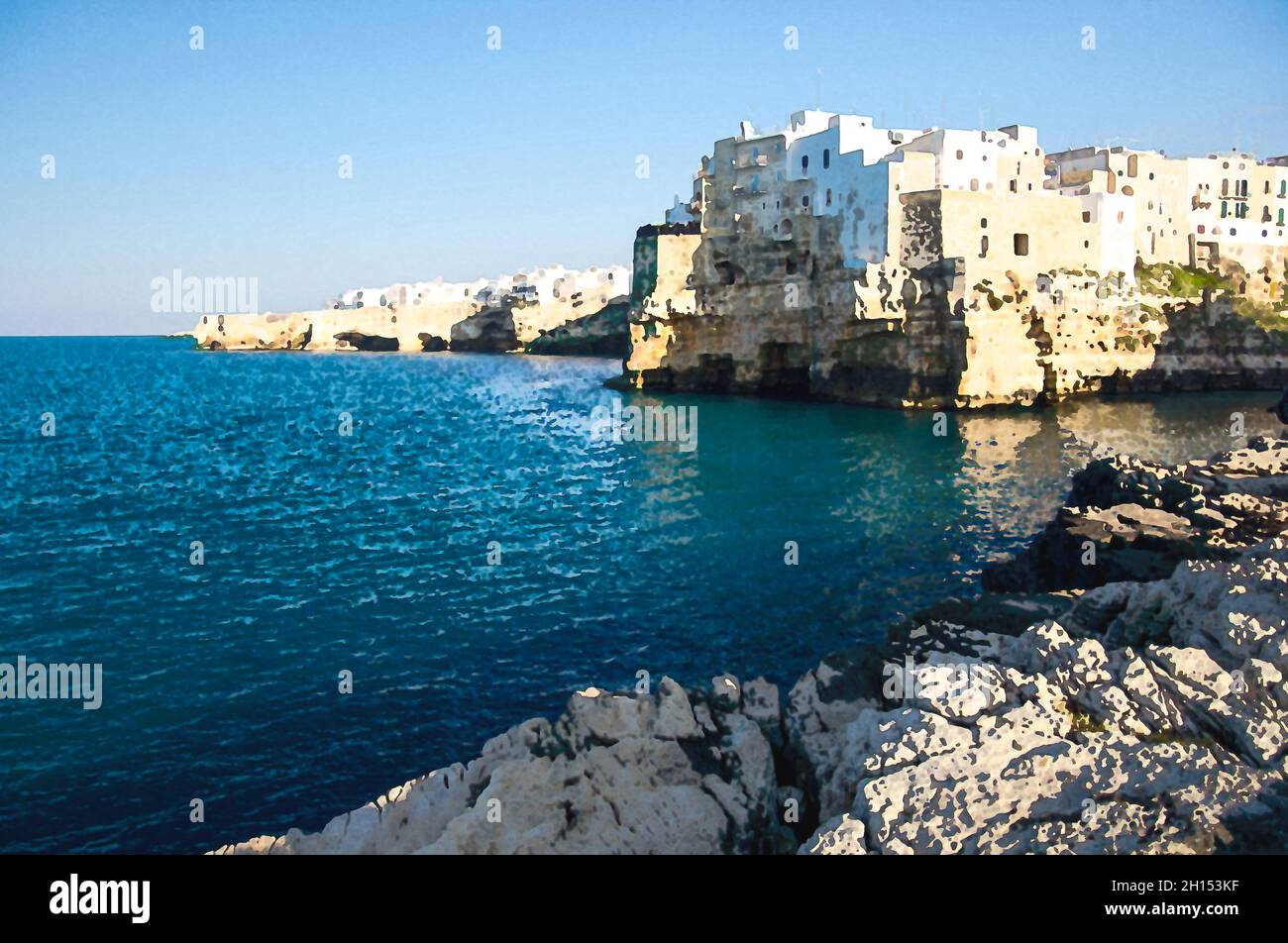 Watercolor drawing of Polignano a mare town with white buildings on ...