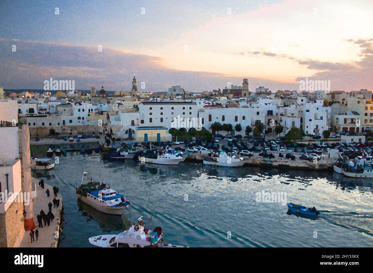 Watercolor drawing of boats in bay harbour of a seaside town Monopoli ...