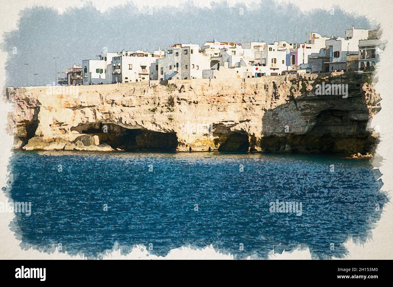 Watercolor drawing of Polignano a mare town with white buildings on ...