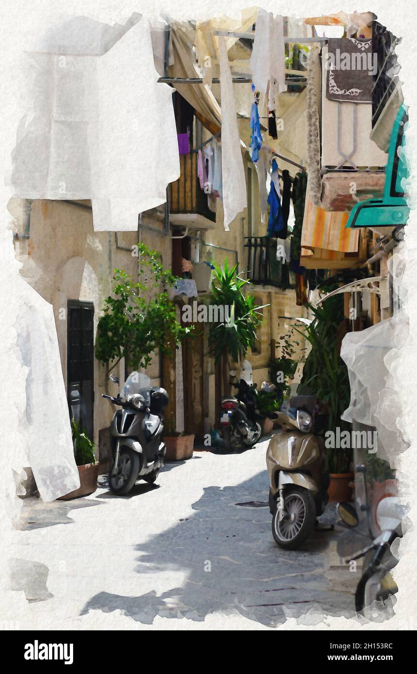 Watercolor drawing of narrow streets of Bari city with scooters ...